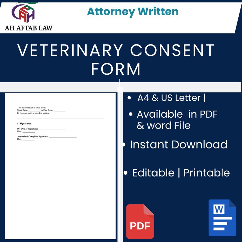 Veterinary Consent Form: Editable PDF & Word Template (instant Download ...