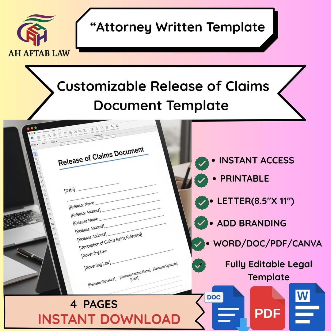 Customizable Release of Claims Document Template - Legal Settlement ...