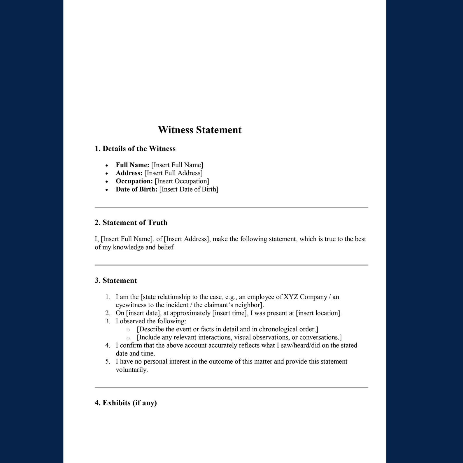 Witness Statement Template | Legal Declaration Form | Editable Word ...
