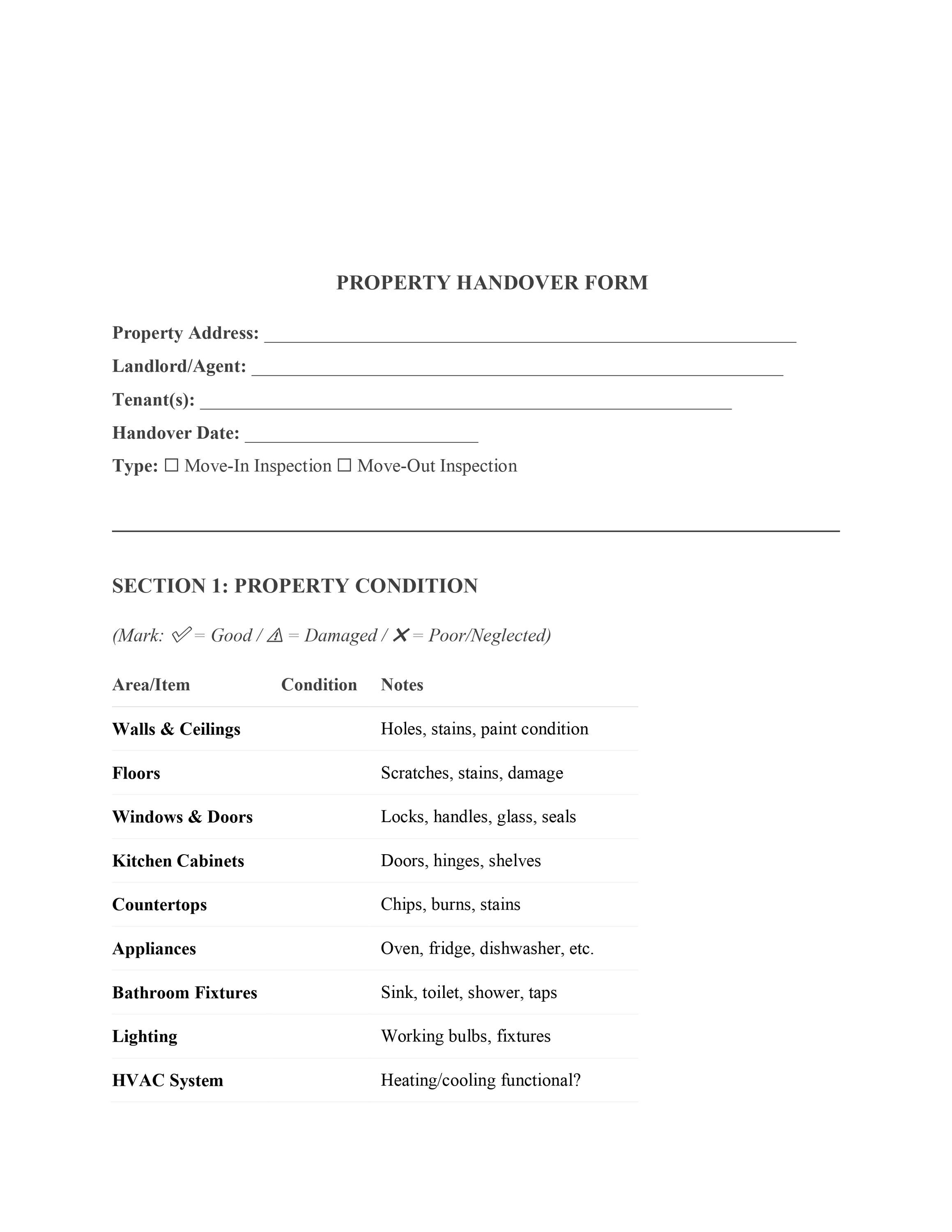 Property Handover Form Template for Tenants & Landlords Printable Move ...
