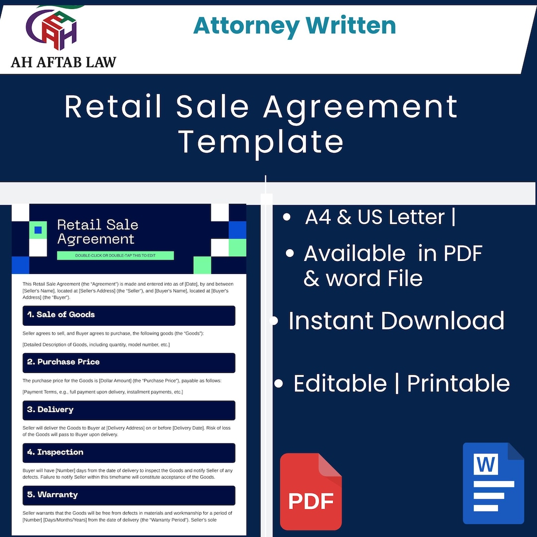 Professional Retail Sale Agreement Template - Instant Download Editable ...
