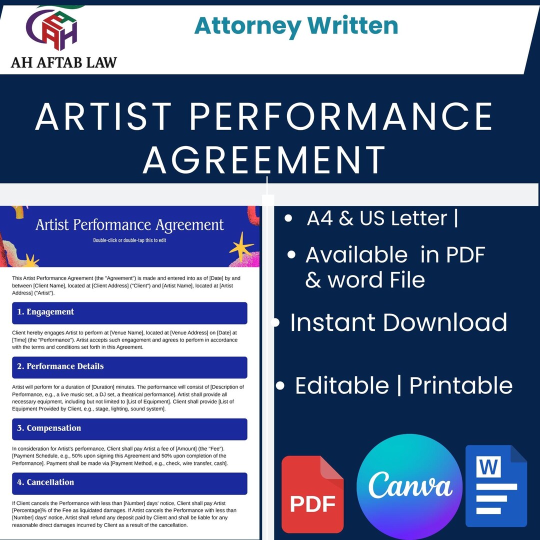 Artist Performance Agreement Template: Editable Contract (digital ...
