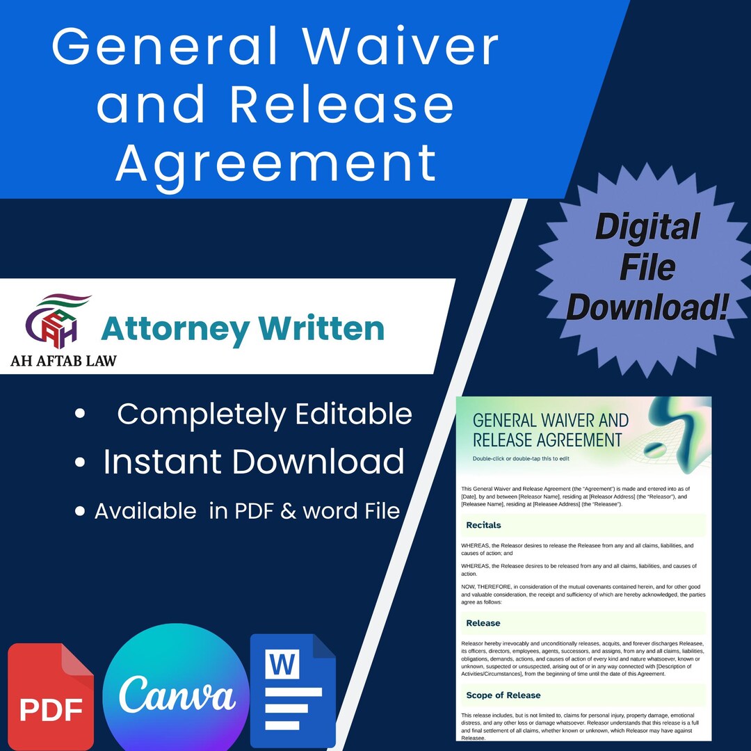 General Waiver and Release Agreement Template | Editable Legal Waiver ...