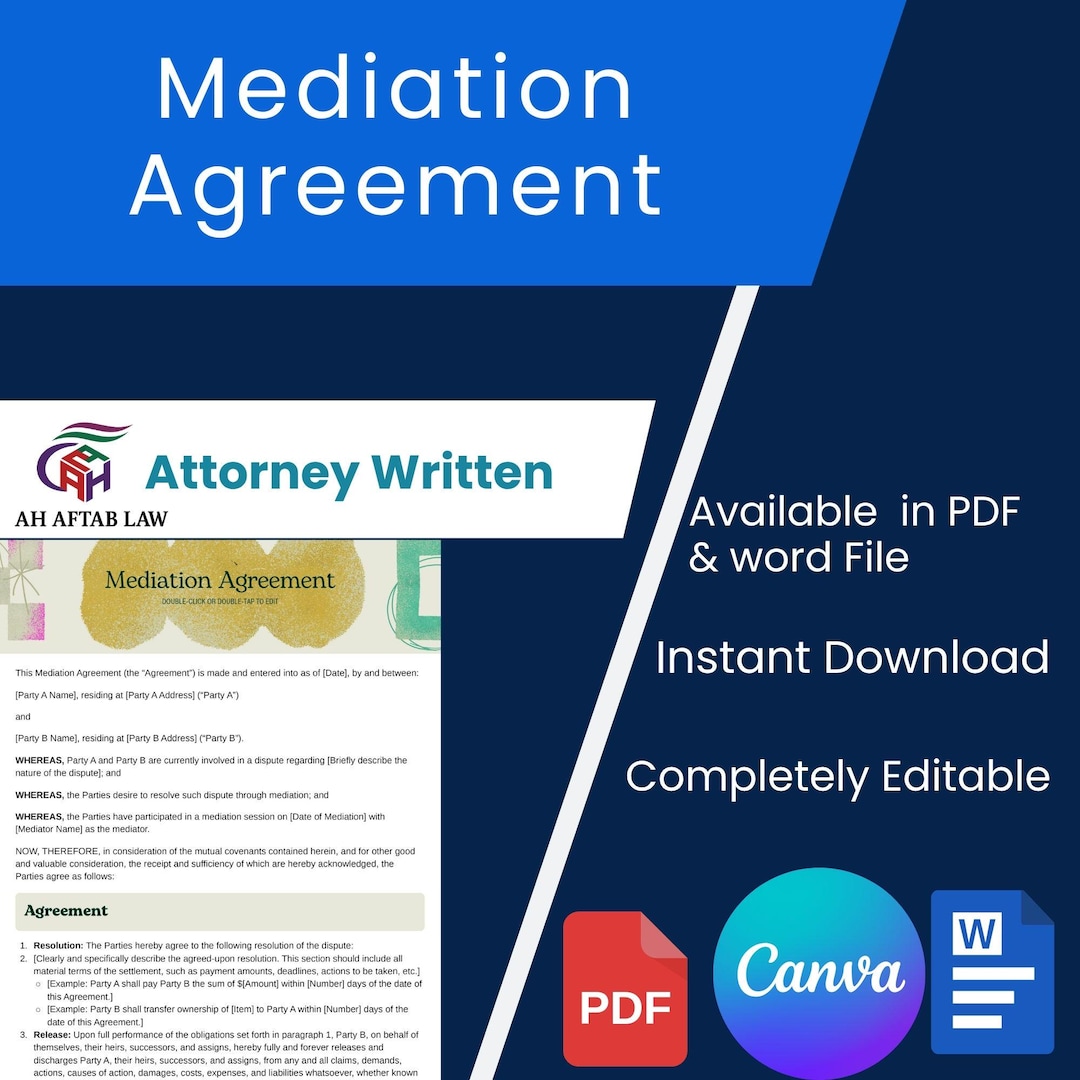 Mediation Agreement Template | Editable Legal Document | Word PDF ...