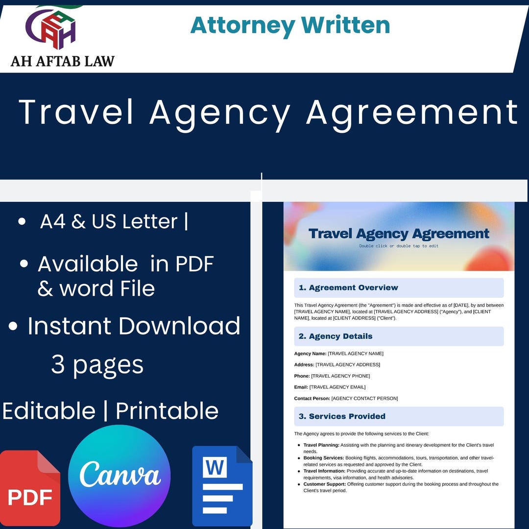 Travel Agency Agreement Template: Editable Commission Contract (PDF ...
