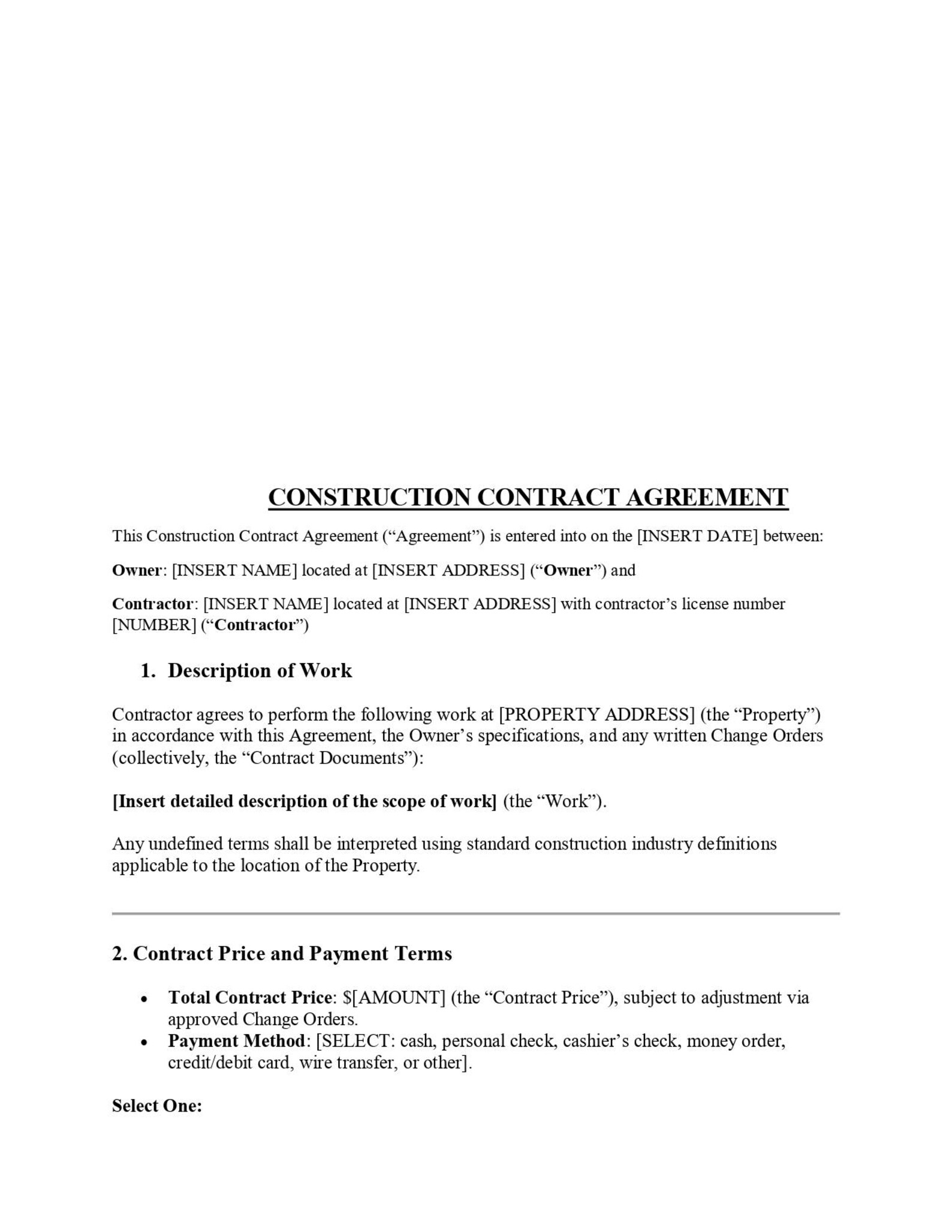 Construction-contract Template, PDF Download - Etsy