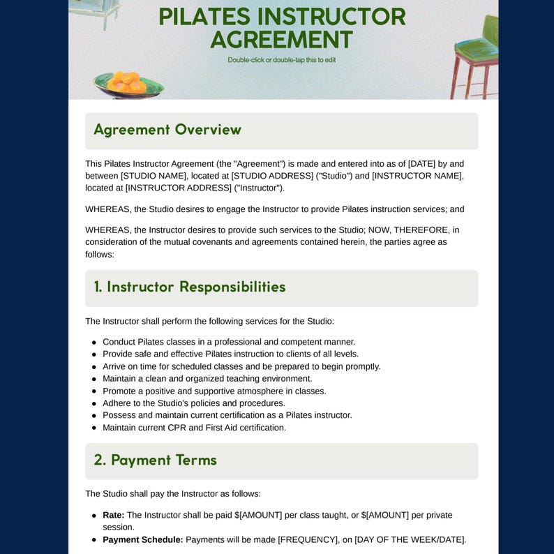 Pilates Instructor Agreement Template, Studio and Freelancer (PDF and ...