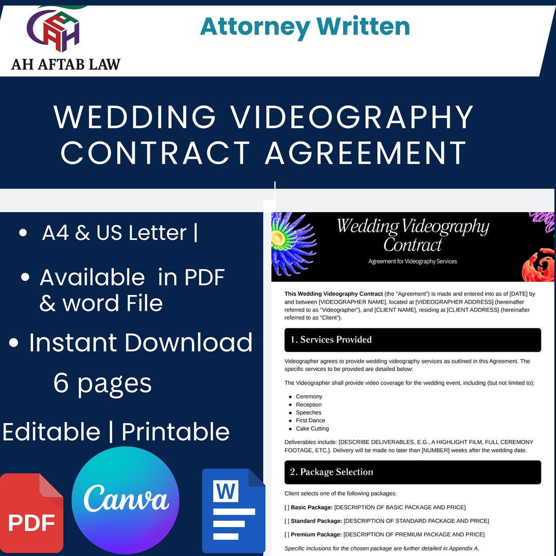 Wedding Videographer Contract Template: Editable Legal Agreement ...