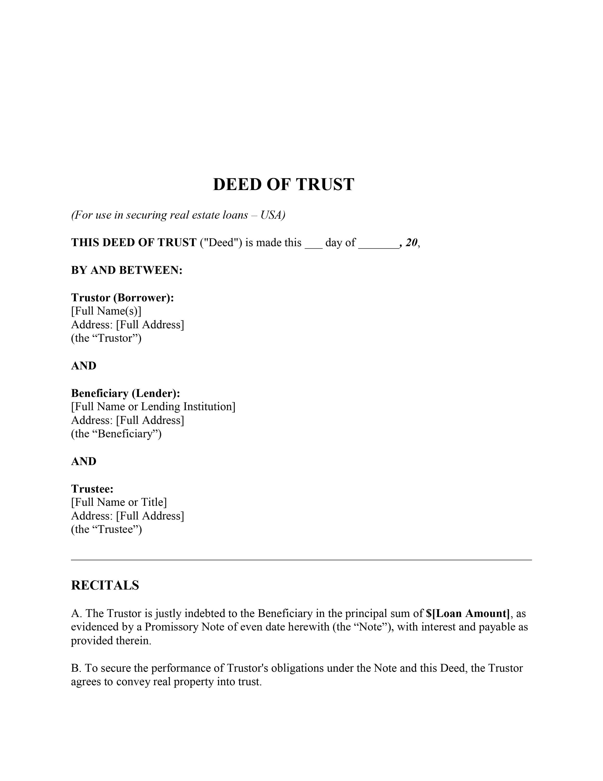 Deed of Trust Template: USA Real Estate Loan Agreement (PDF ...