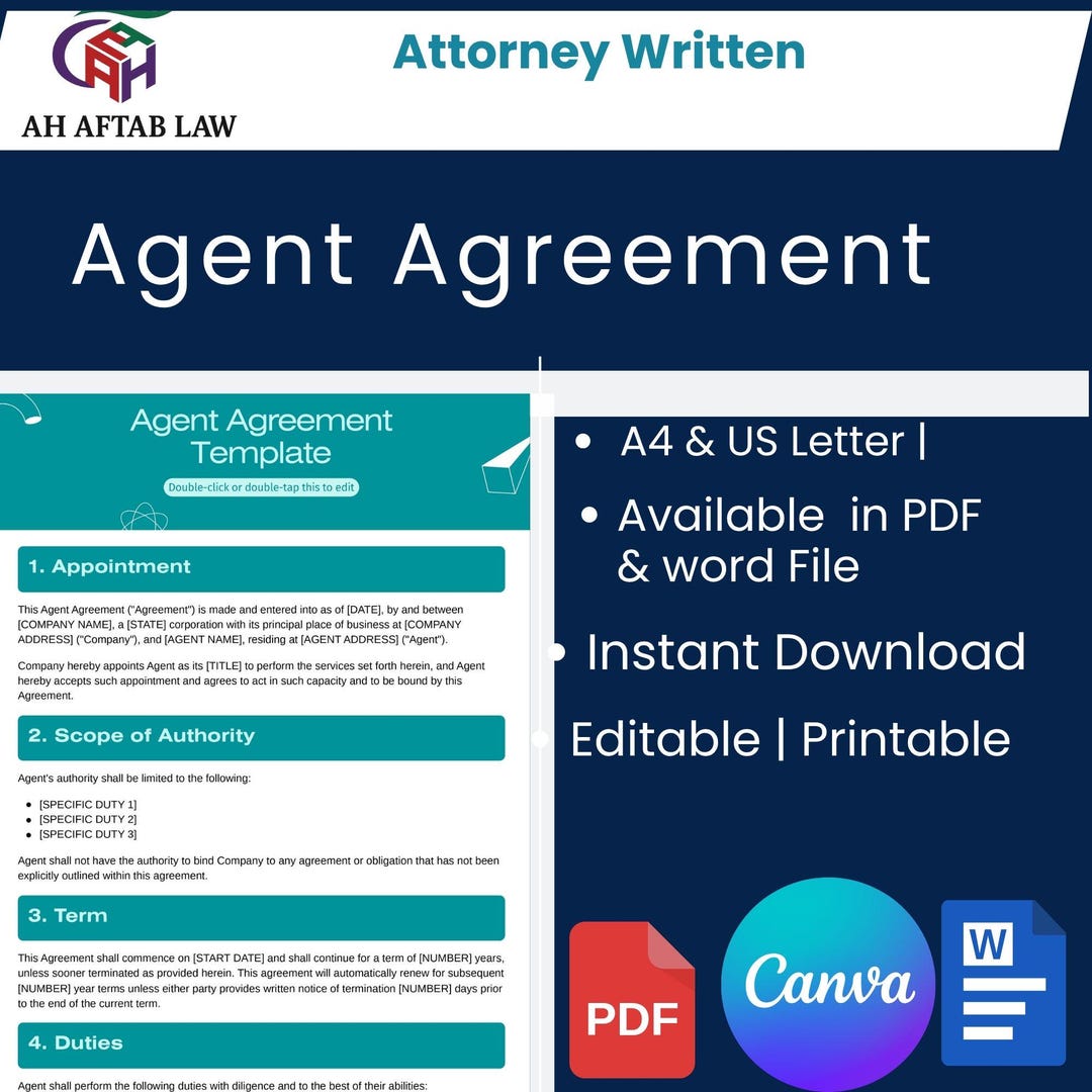 Agent Agreement Template: Customizable Legal Contract (digital Download ...