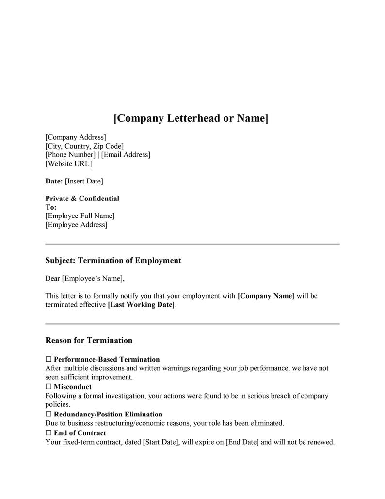 Termination of Employment Document Template | Employee Separation ...