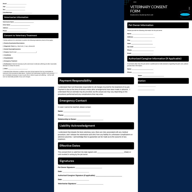 Veterinary Consent Form: Editable PDF & Word Template (instant Download ...