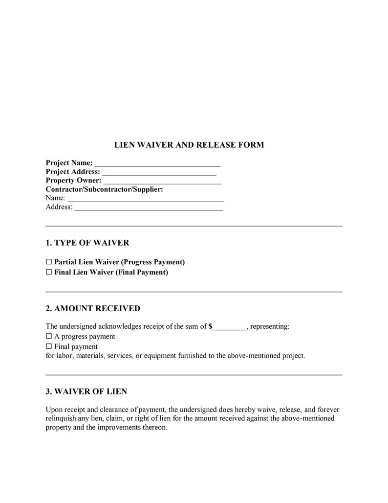 Lien Waiver Template for Contractors & Subcontractors - Construction ...