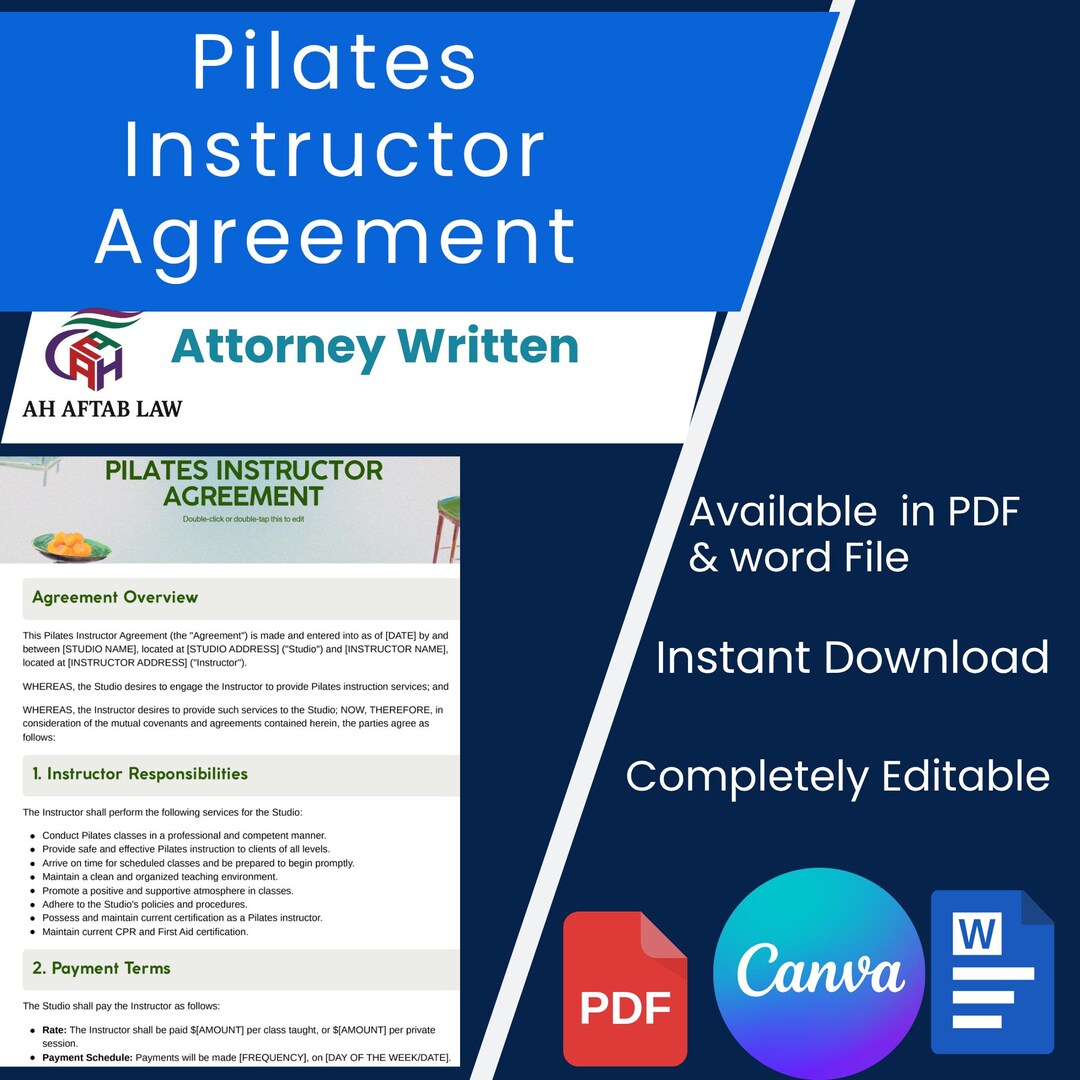 Pilates Instructor Agreement Template, Studio and Freelancer (PDF and ...