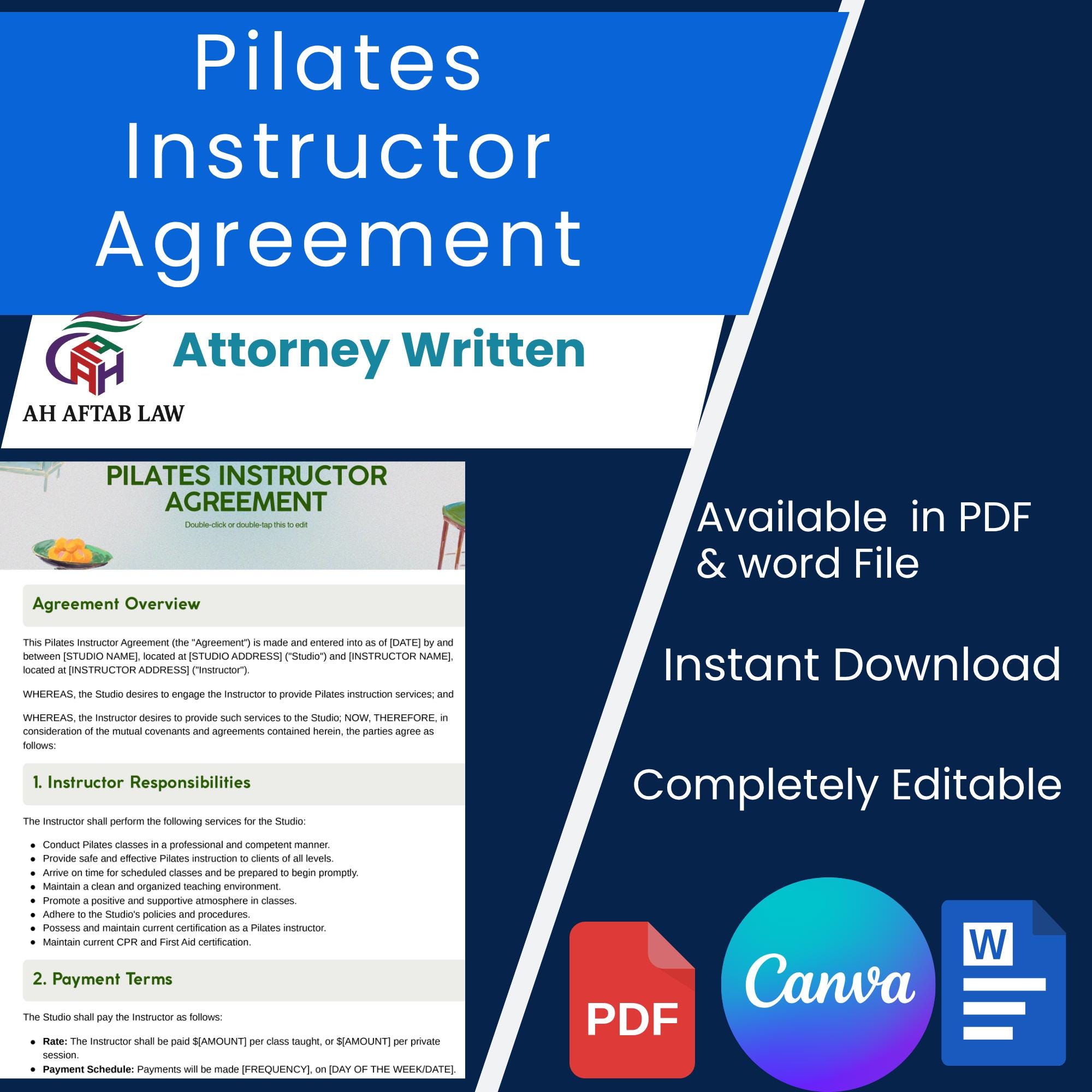 Pilates Instructor Agreement Template, Studio and Freelancer (PDF and ...