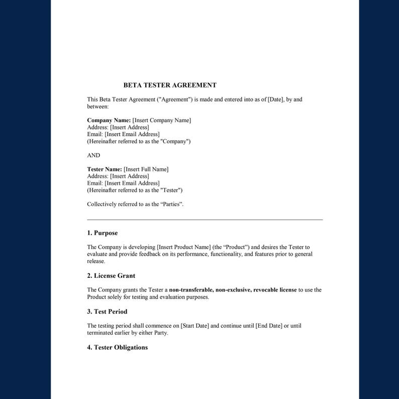 Editable Beta Tester Agreement Template, Software Testing Contract ...