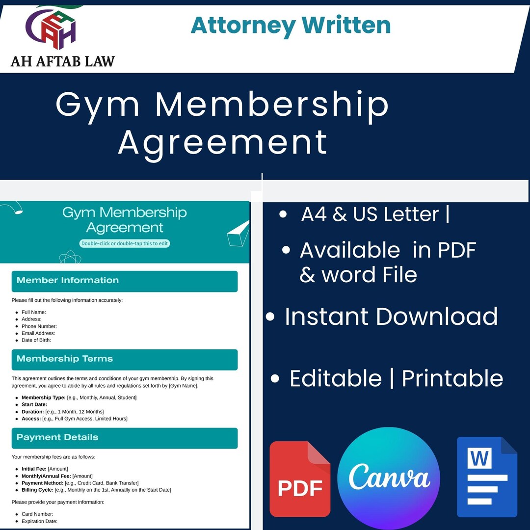 Gym Membership Agreement Template | Editable PDF & Word | Fitness ...