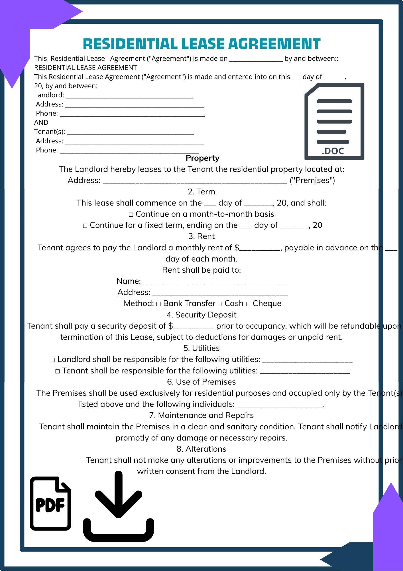 Printable Rental Agreement Template: Residential Lease Contract (google ...
