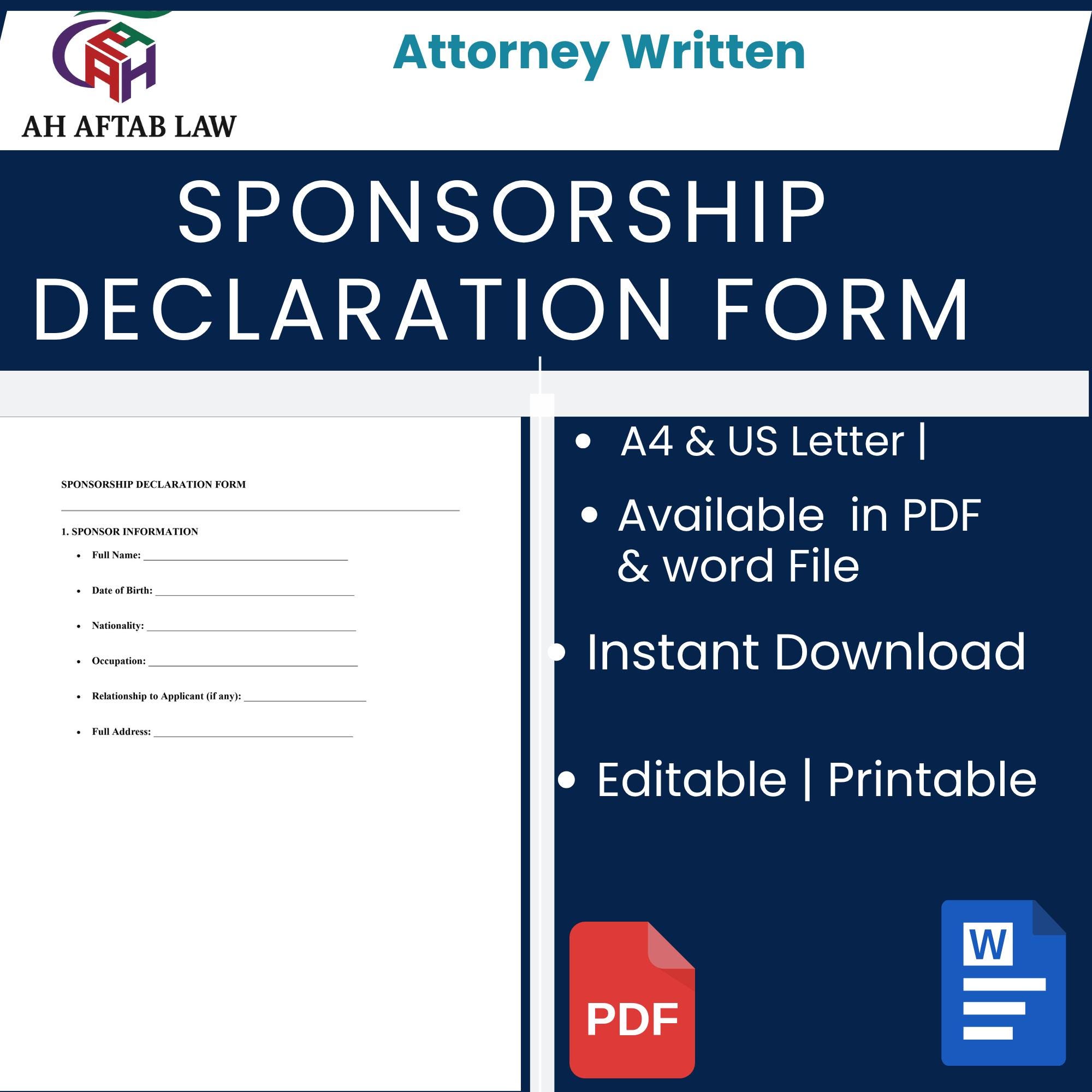 Sponsorship Declaration Form: Editable Printable PDF Template - Etsy