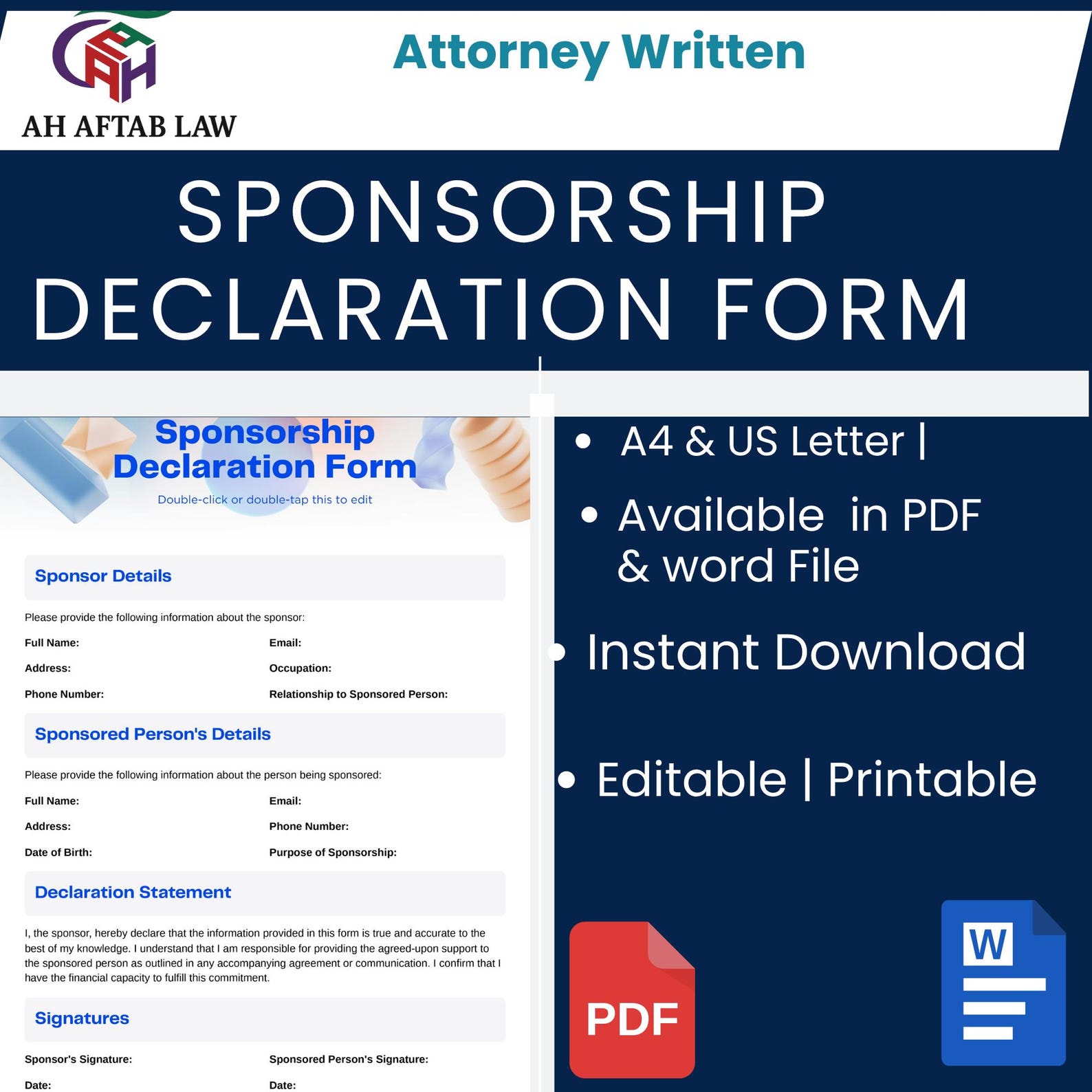 Sponsorship Declaration Form: Editable Printable PDF Template - Etsy