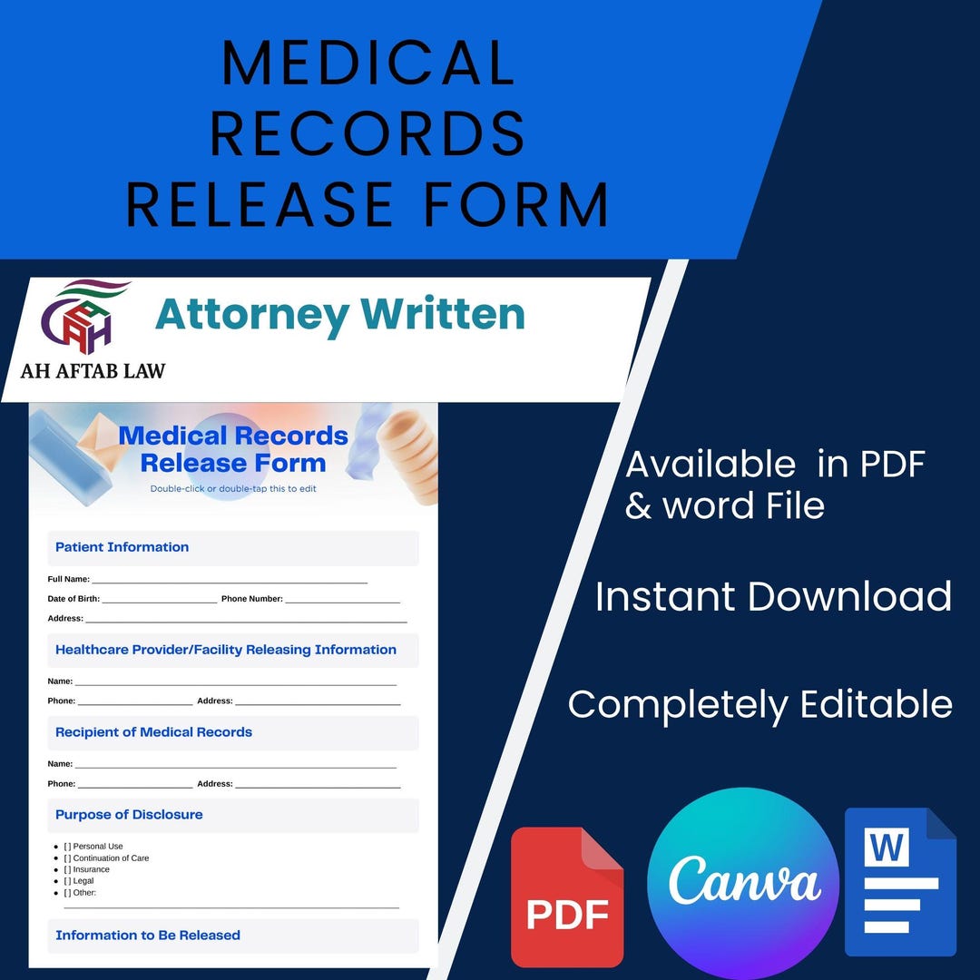 HIPAA Compliant Medical Records Release Form - Fillable PDF & Word ...