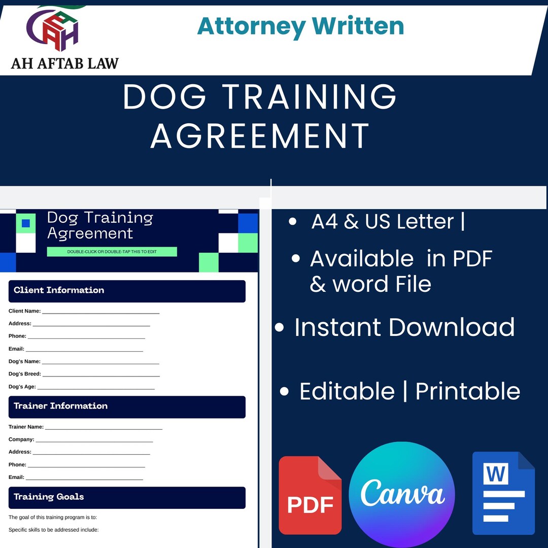 Dog Training Agreement Template: Editable Contract for Pet Trainers ...