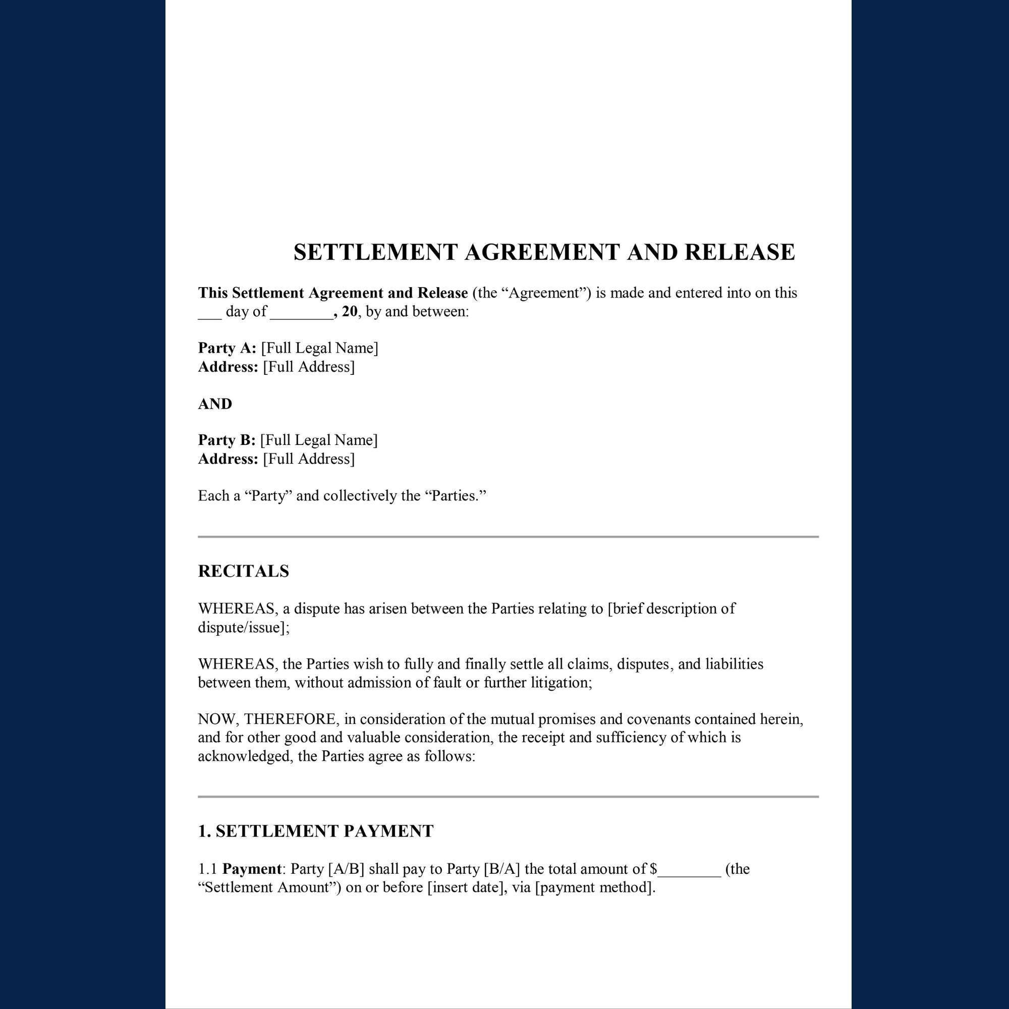 Settlement Agreement and Release Template – Downloadable Legal Form for ...