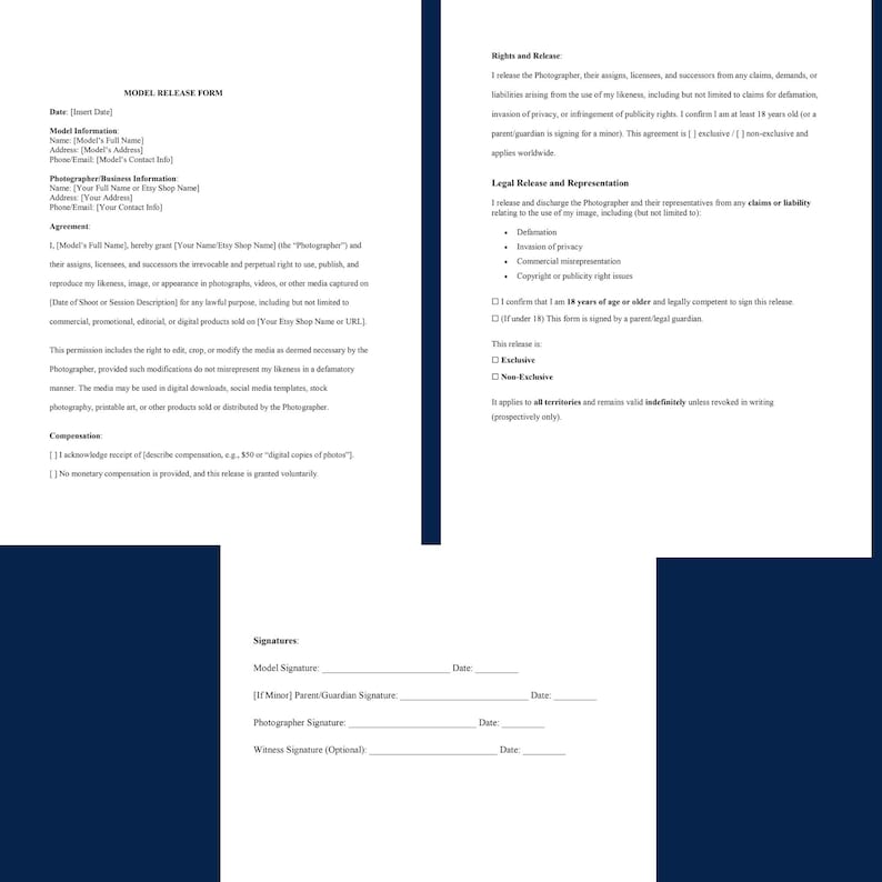 Printable Model Release Form for Photographers: Instant Download Legal ...