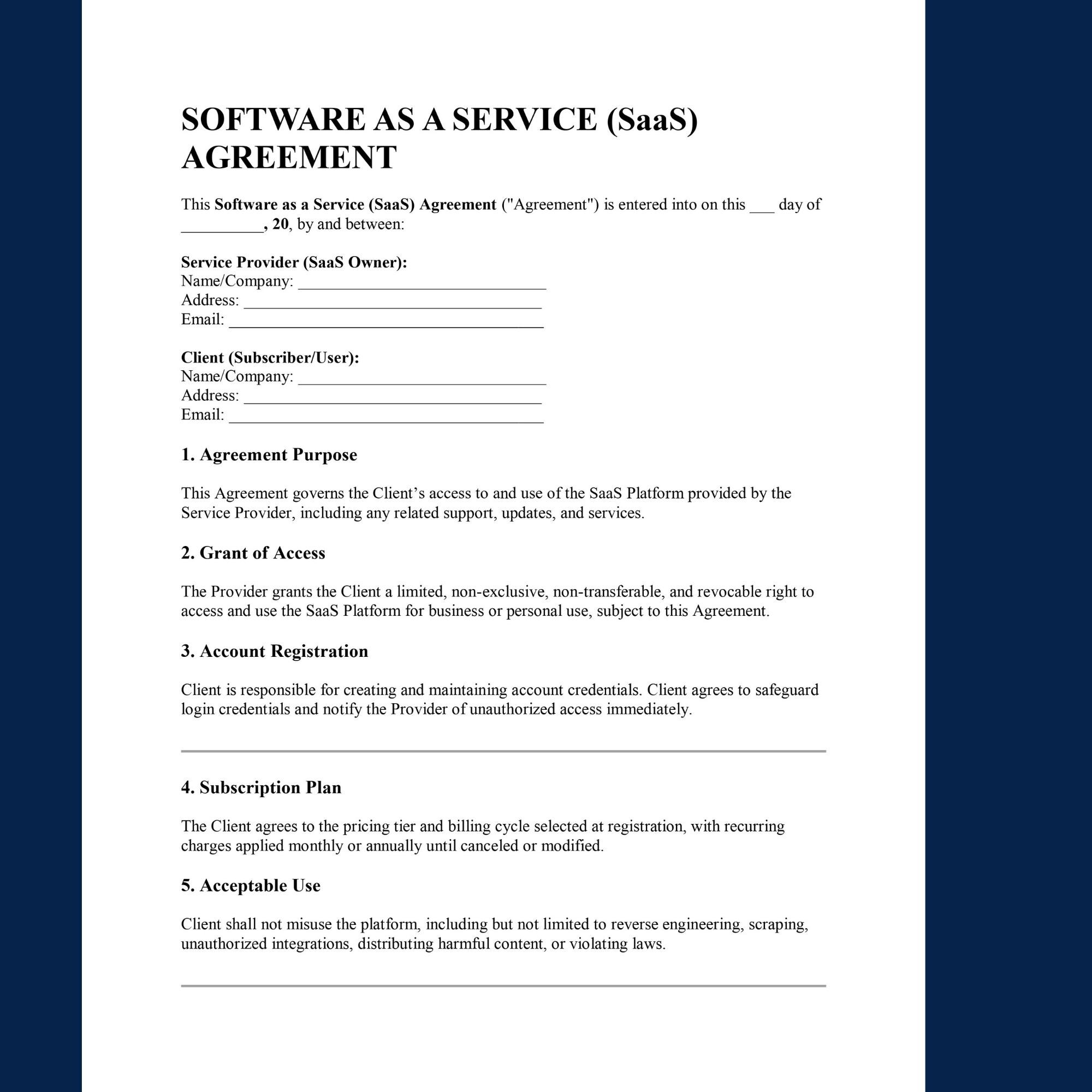 Saas Agreement Template: Editable Cloud Platform Contract (PDF & Word ...