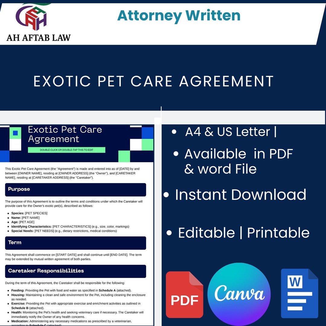 Exotic Pet Care Agreement Template | Bird & Reptile Sitter Contract ...