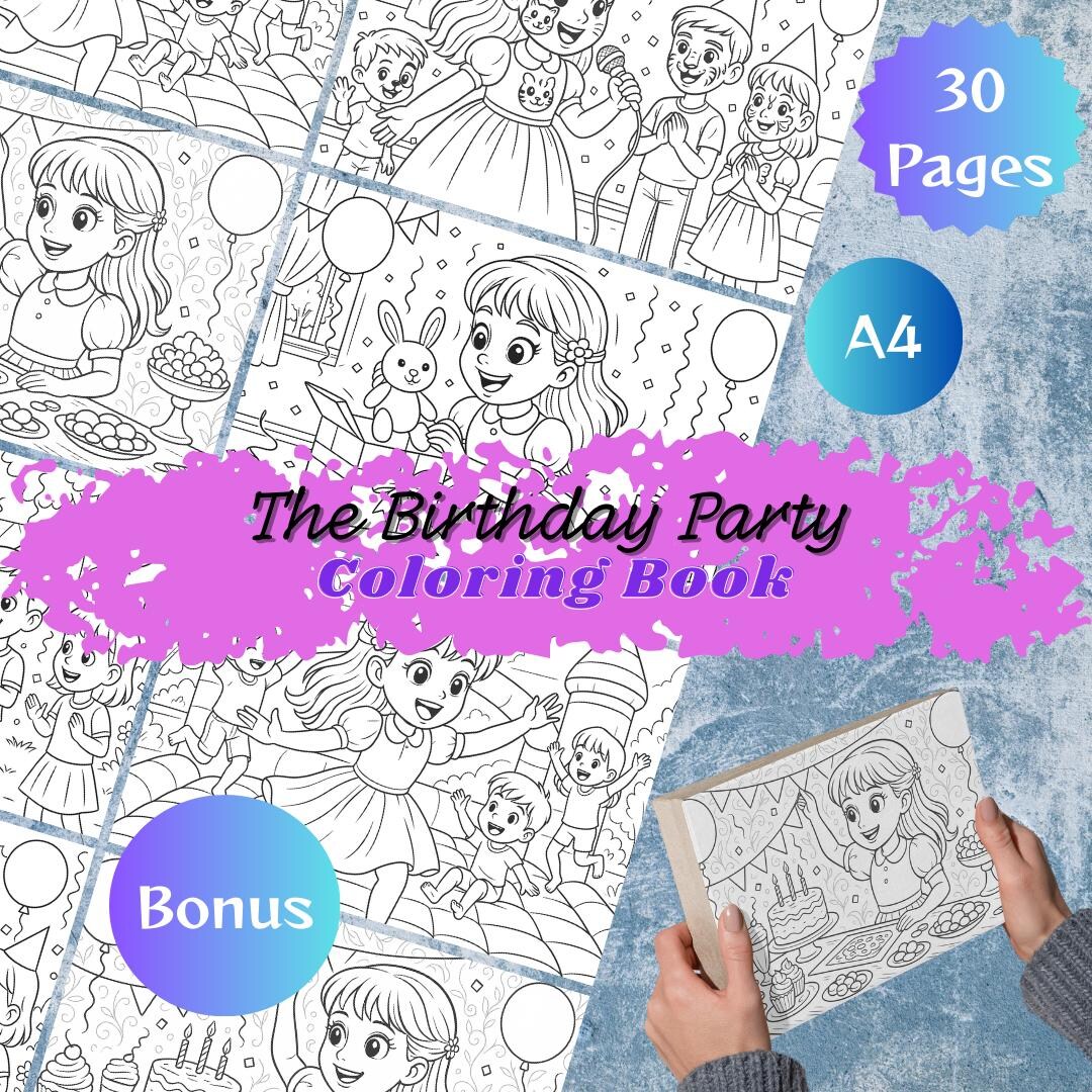 Kids Birthday Party Coloring Book – 30 Cute Pages (PDF Download) - Etsy