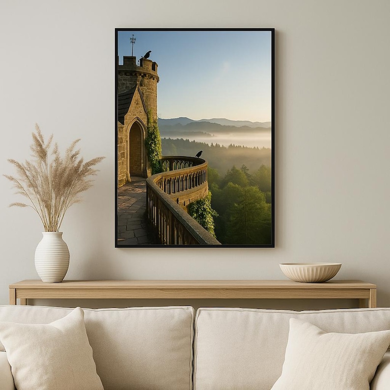 Gothic Castle Balcony Wall Art – Printable Raven Tower Poster – Misty ...