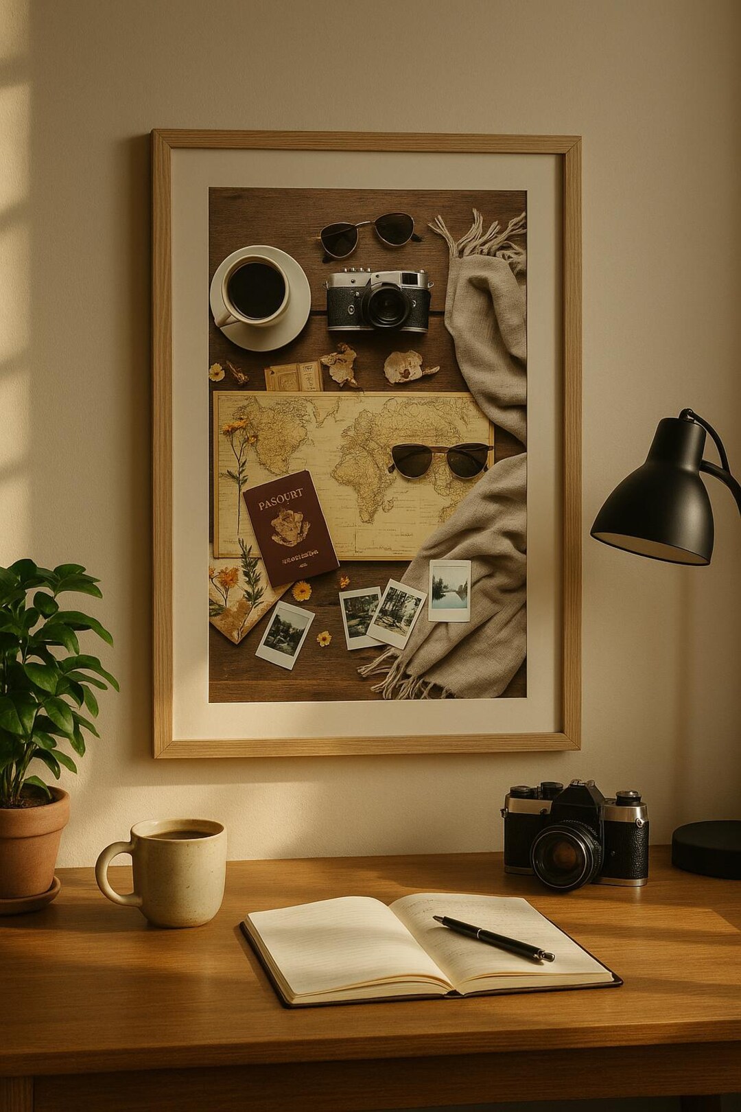 Wanderlust Flatlay Printable Vintage Passport Map Camera Wall Art