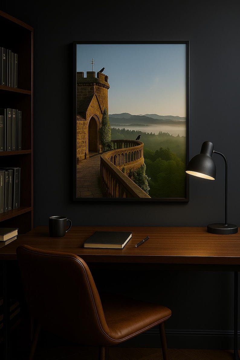 Gothic Castle Balcony Wall Art – Printable Raven Tower Poster – Misty ...