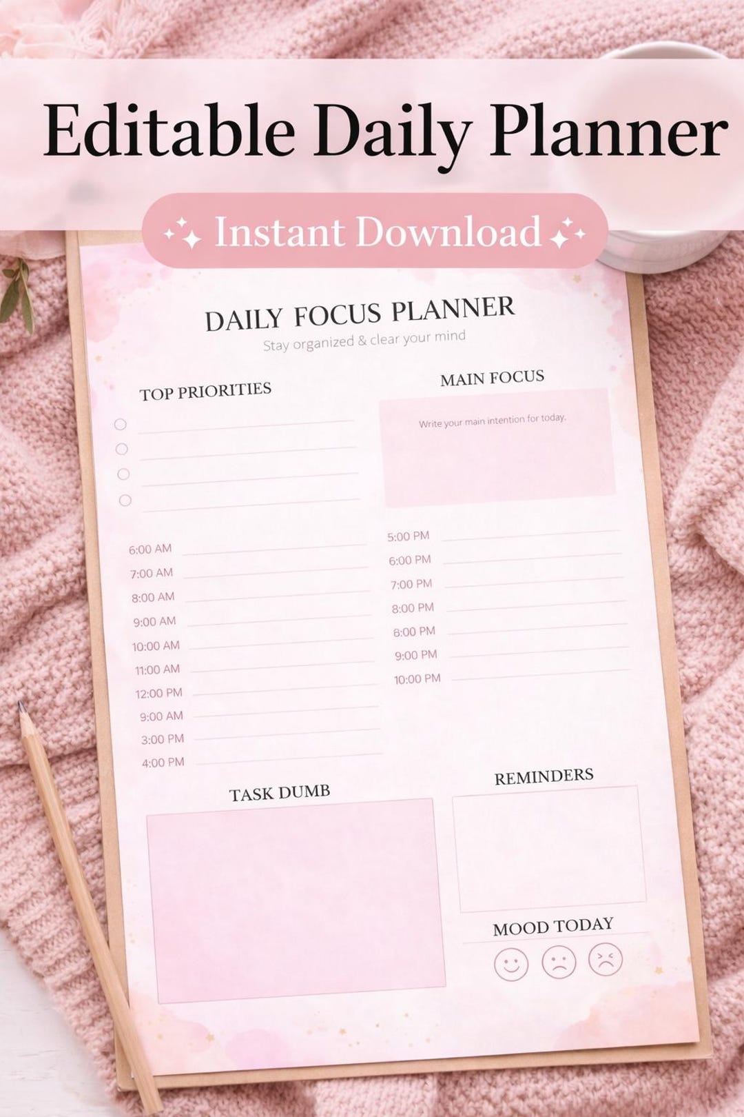 Editable Daily Planner Canva Template, Printable Focus Planner ...