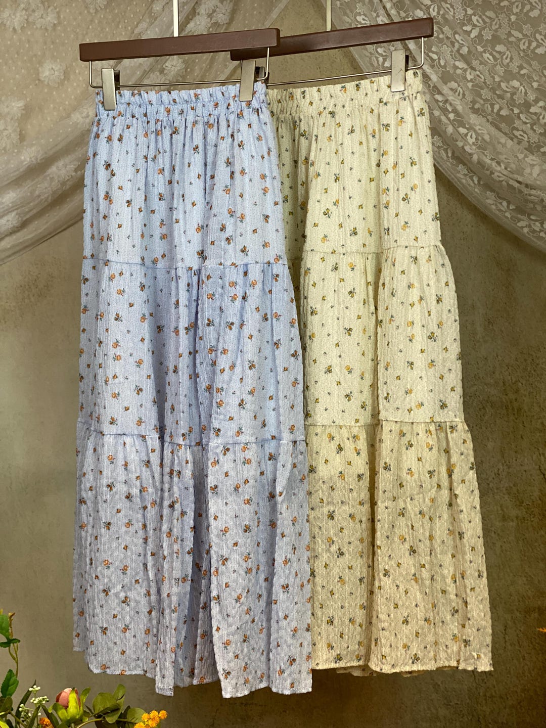 Dreamy Floral Midi Skirt Set High Waist A-line Chiffon Skirts, Romantic ...