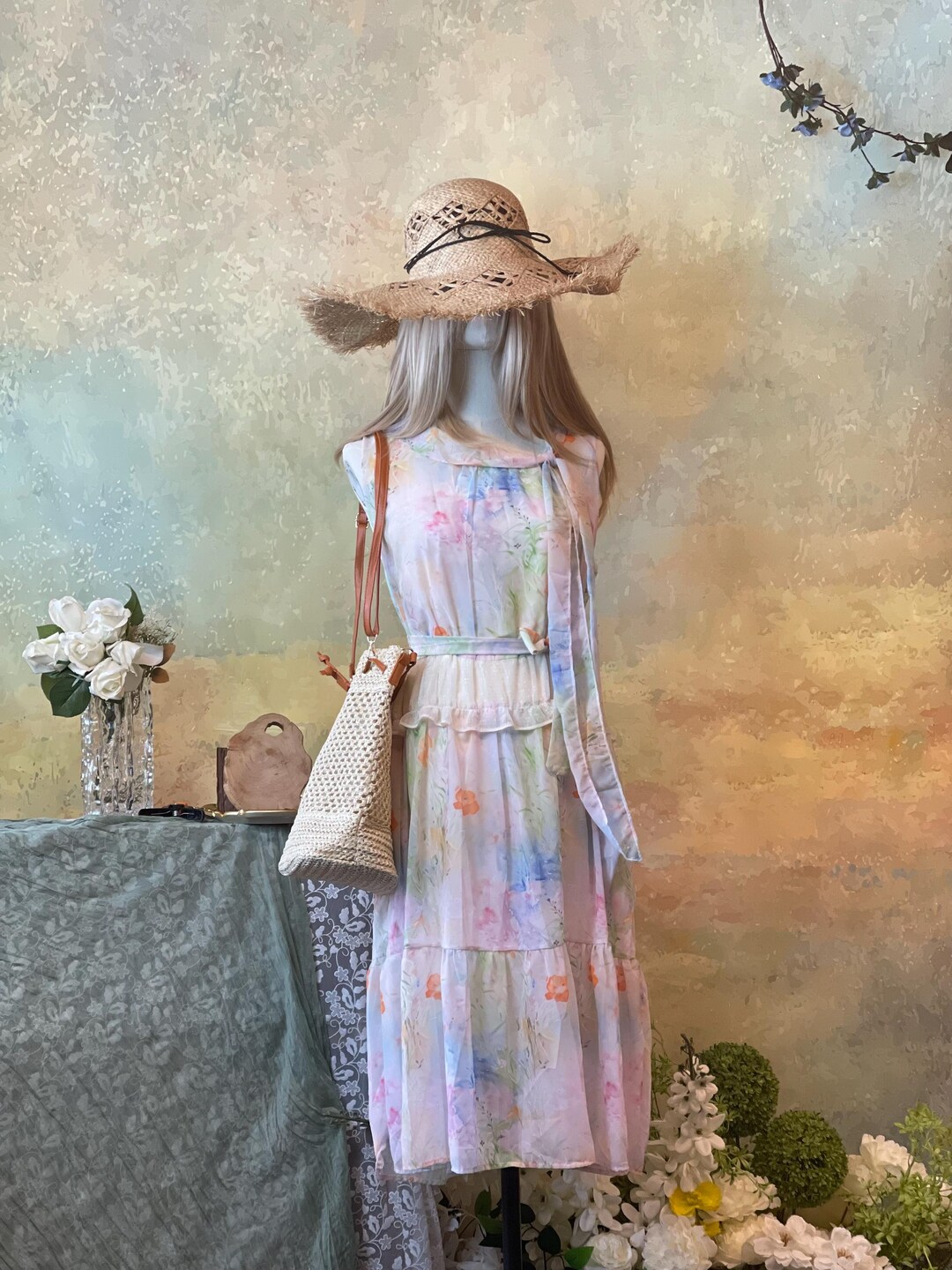 Vintage French Floral Print Dress - Women’s Elegant Sleeveless Maxi ...