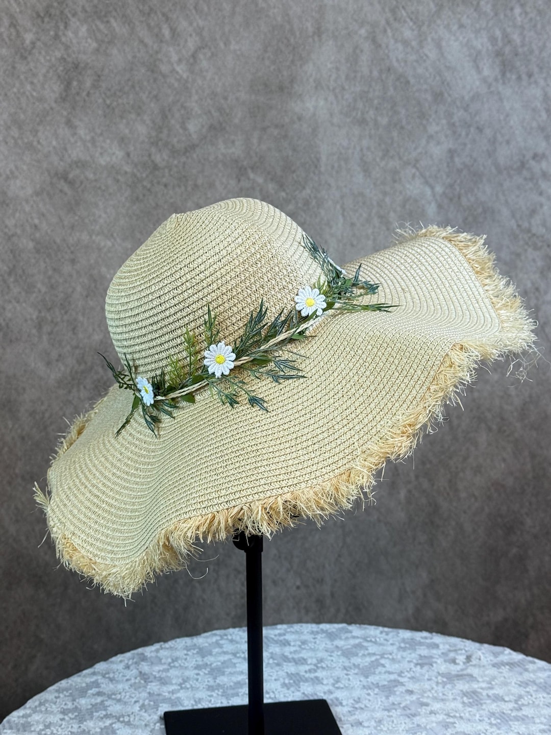 Handwoven Raffia Flower Crown Hat With Daisy Decor Wide Brim Summer ...
