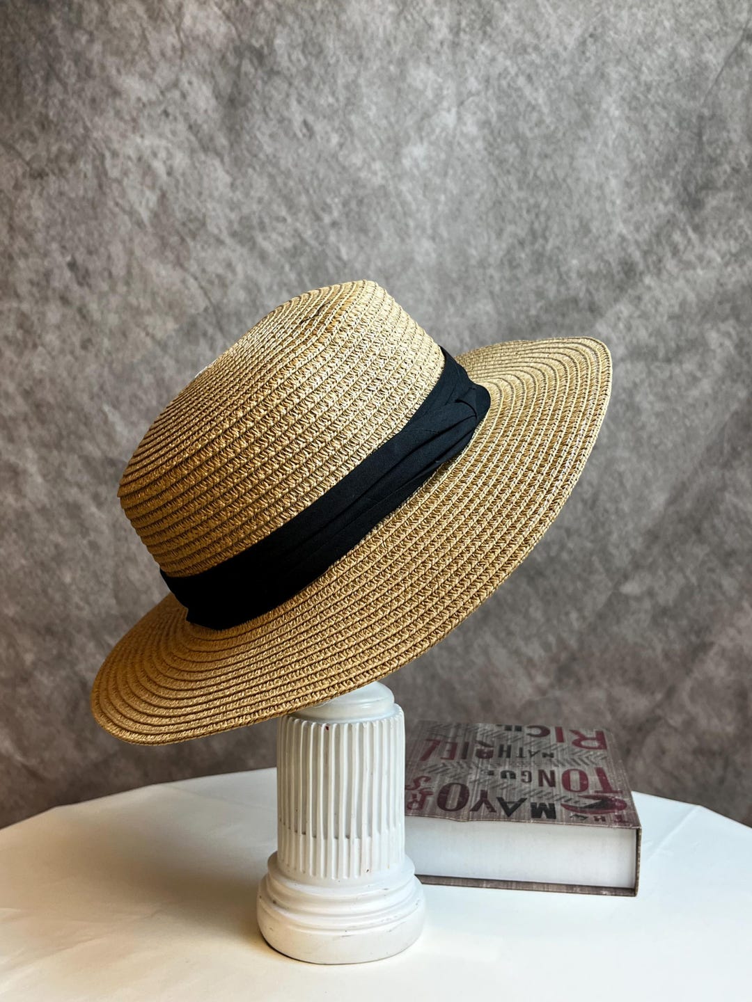 French Flat Top Straw Hat - Wide Brim Sun Hat, Elegant Beach Wedding ...