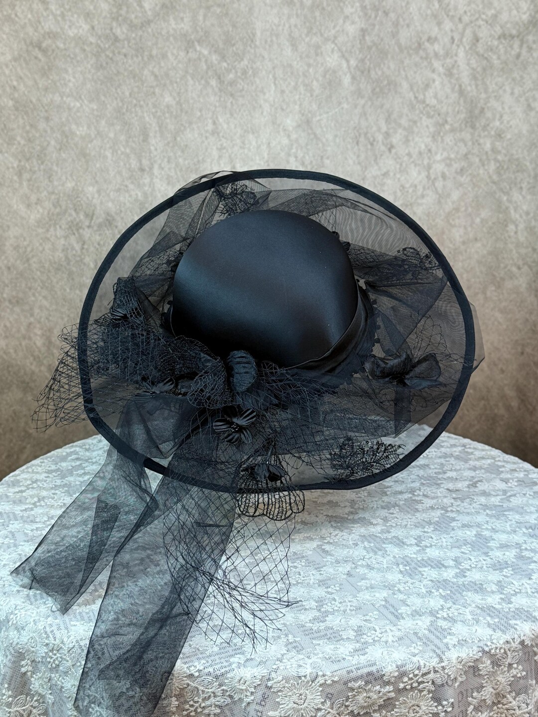 French Vintage Black Tulle Hat - Elegant Lace Bridal Headpiece for ...