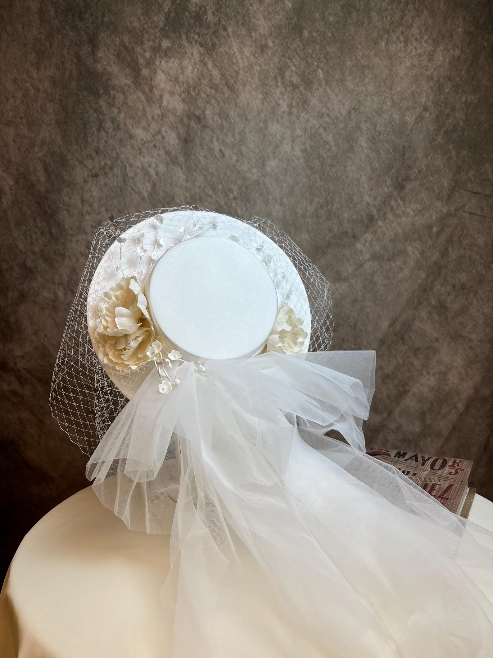 French Champagne Flower Bridal Hat, Elegant Wide Brim Veil Hat, Lace ...