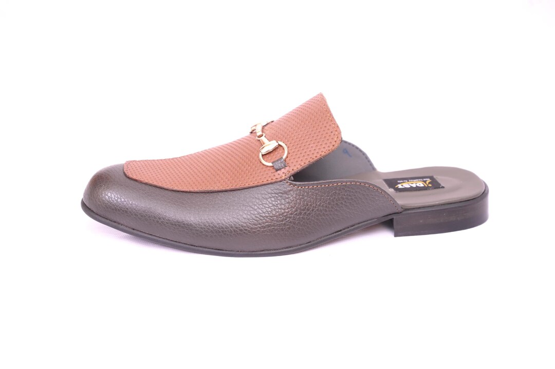 Handmade Men's Dark Brown Leather Mules | Two-tone Cowhide Slides ...