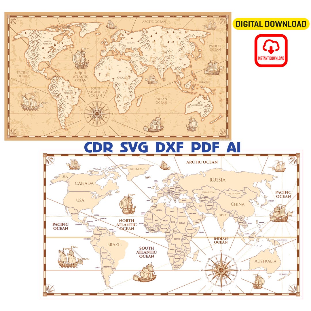 Antique World Map Laser Cut Files: Vintage & Modern Borders (digital ...