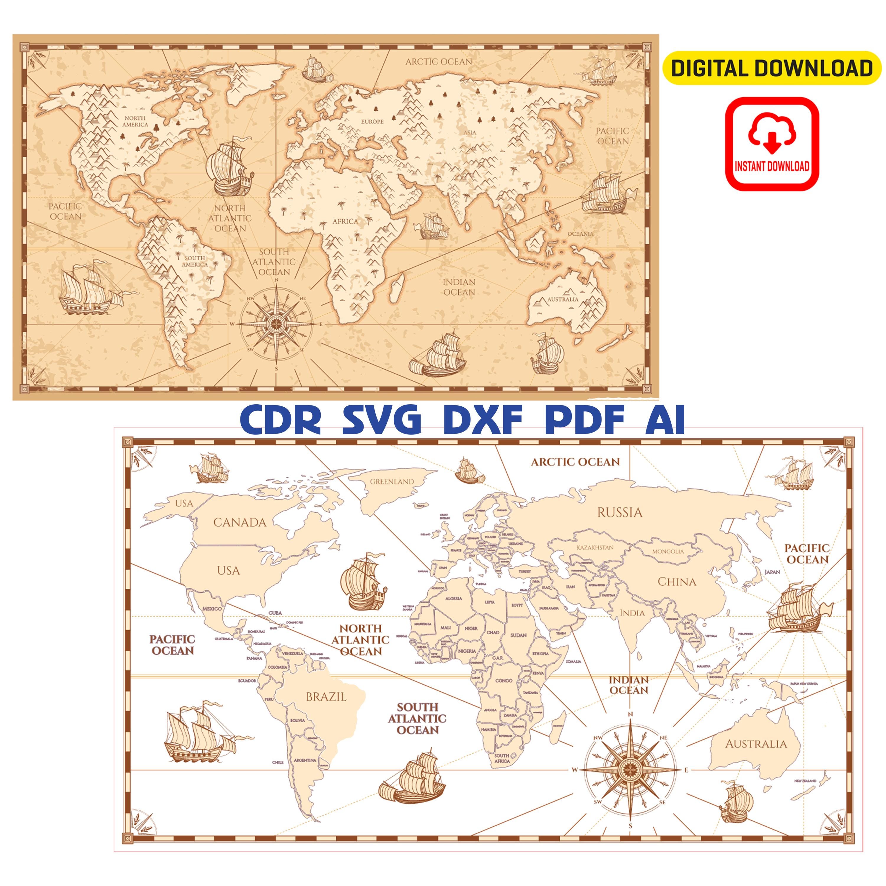 World Map Digital Files - Vintage & Country Borders - Laser Cut Vector ...