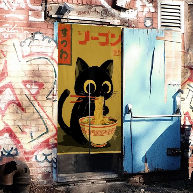 Kawaii Ramen Cat Noren Curtain: Japanese Doorway Divider, 34" X 56" - Etsy