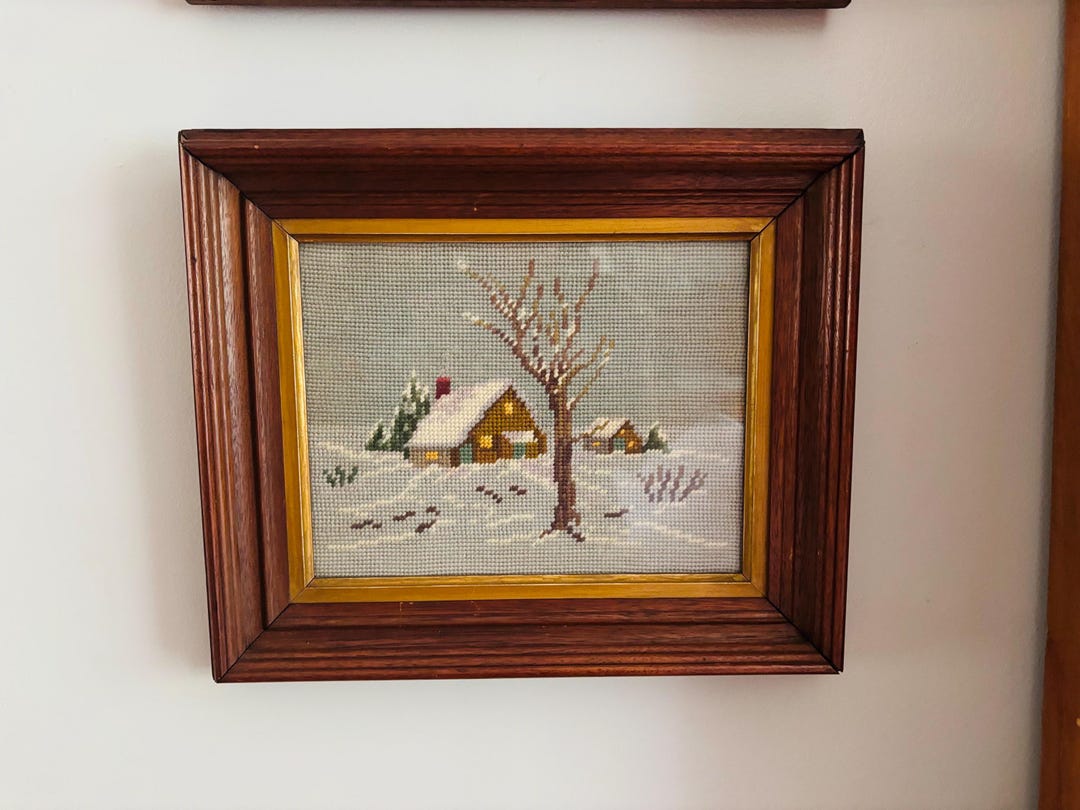 Vintage Winter Scene Needlepoint Art | Framed Cabin Cross Stitch ...