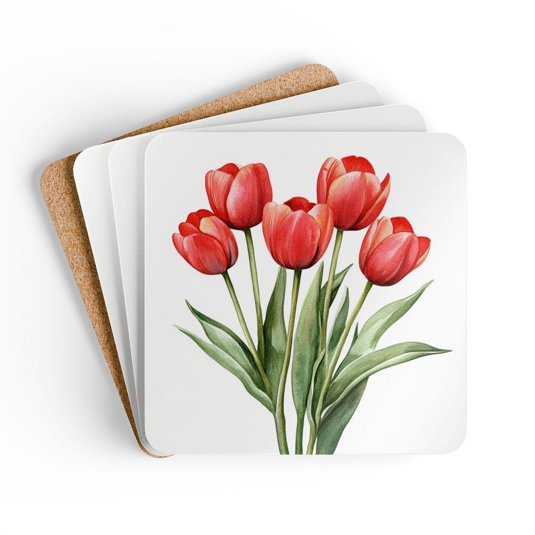 Red Tulip Coasters Set: Watercolor Floral Cork Drink Coasters - Etsy