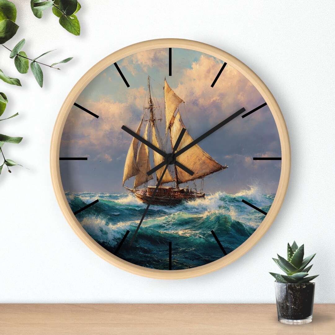 Sailing Ship Painting Wall Clock | Nautical Seascape, Vintage Sailboat ...