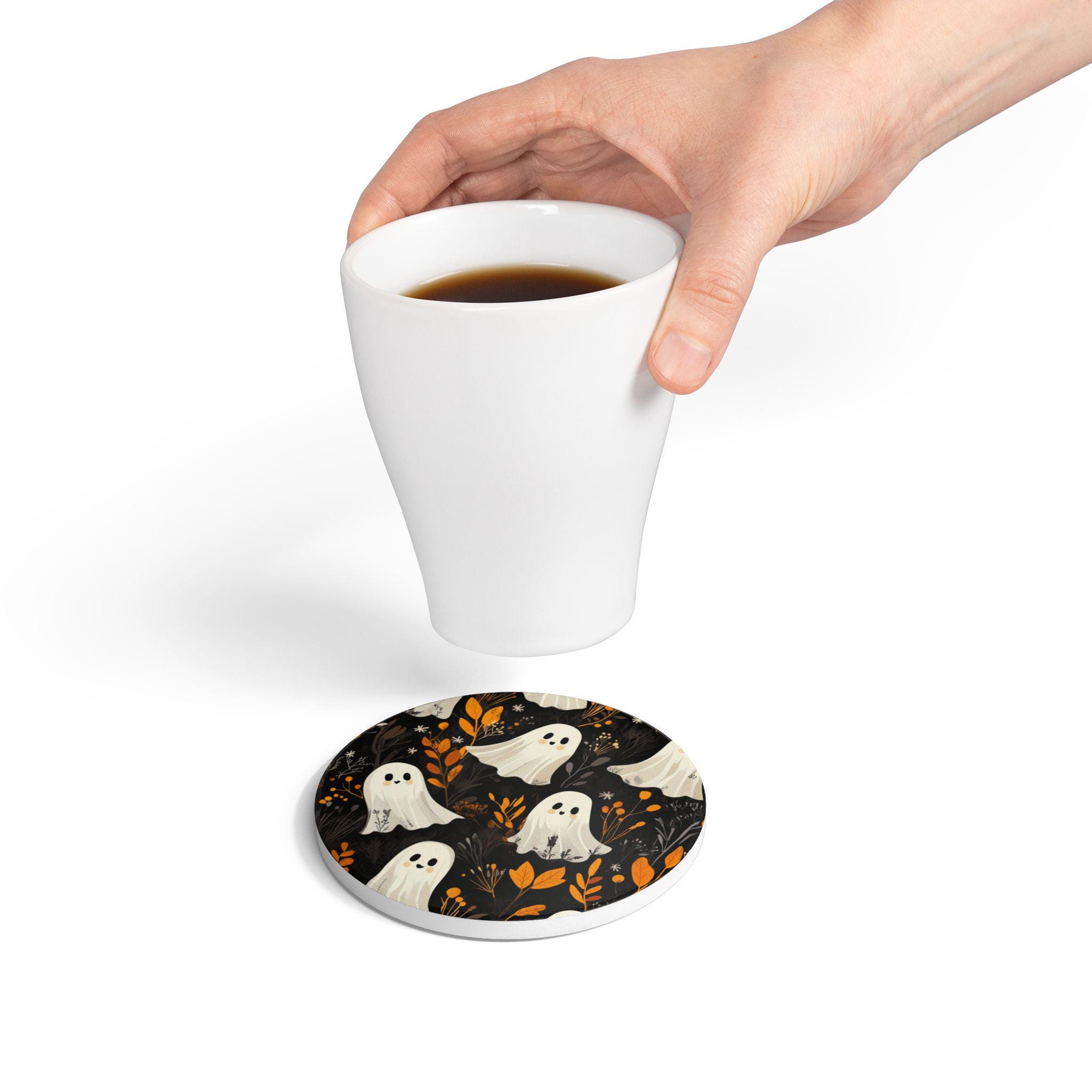 Ghost Ceramic Coaster: Spooky Halloween Decor, Black Floral Accent - Etsy