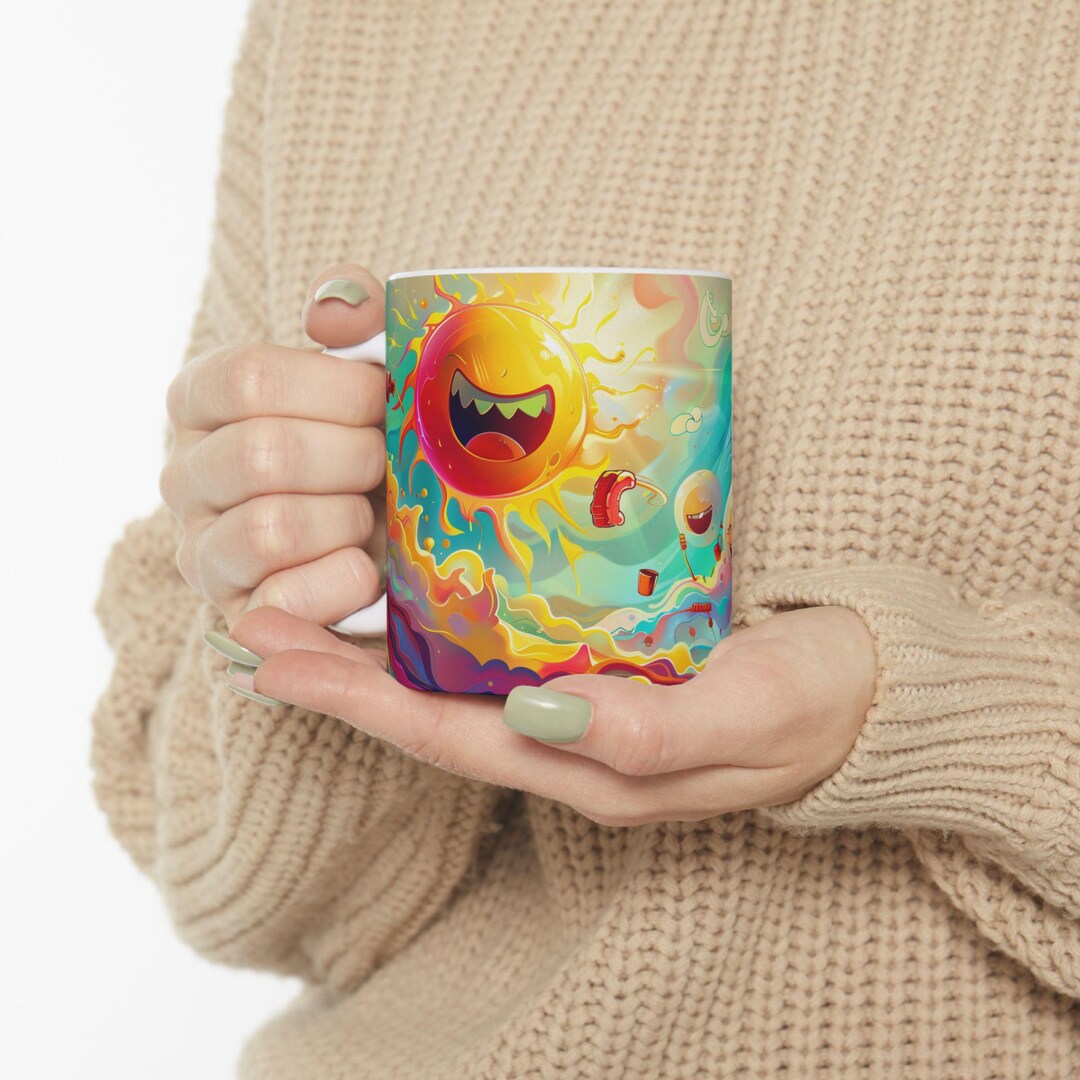 Funny Cartoon Sun Coffee Mug, Colorful Morning Cup, Quirky Breakfast ...
